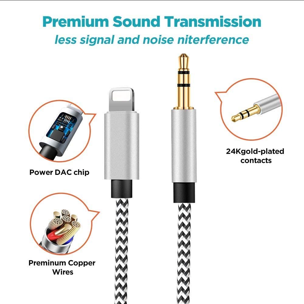 2 Pack Aux Cord for iPhone, 3.3ft Apple MFi Certified Lightning to 3.5mm AUX Audio Nylon Cable Compatible with iPhone 14 13 12 11 XS XR X 8 7 for Home Car Stereo/Headphone/Speaker, Support All iOS