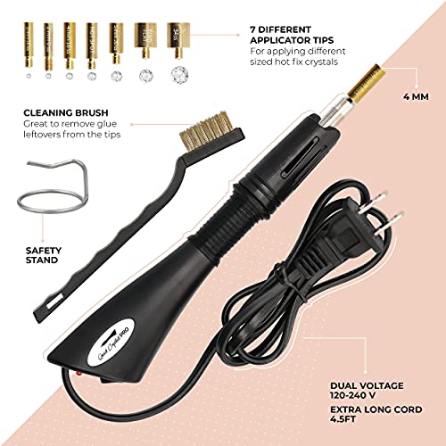 Quick Crystals Pro Hotfix Applicator, Bedazzler Kit with Rhinestones, DIY Wand Setter Tool Kit with 7 Different Tip Sizes, Tweezers, Cleaning Brush, User Manual, and 4400 Rhinestones.