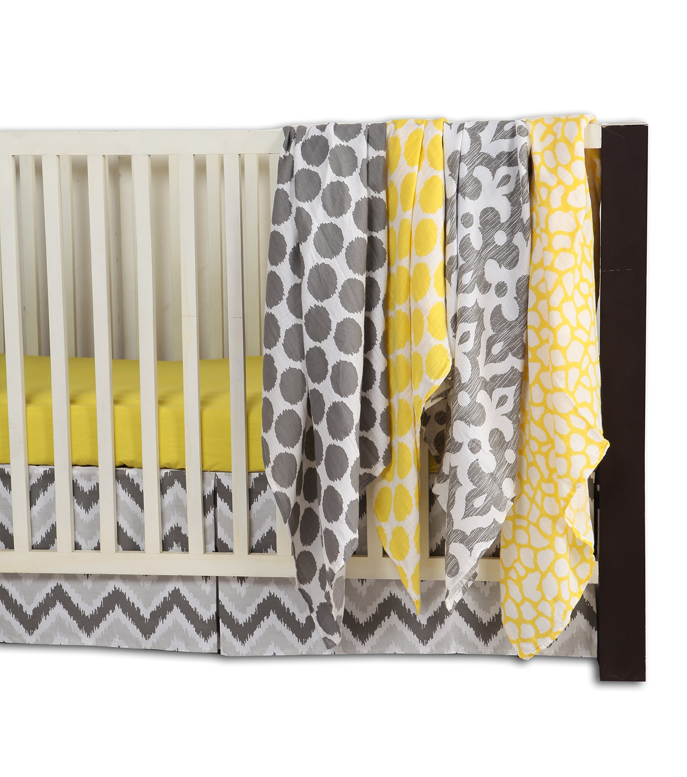 Bacati - Yellow/Grey Ikat Chevron Muslin 10 Pc Neutral Crib Set with 4 Muslin Swaddling Blankets for US Standard Crib