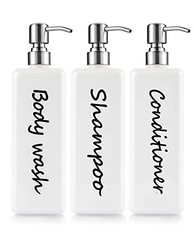 27 oz Reusable Shampoo and Conditioner Bottle set of 3 - With 304 Rust Proof Stainless Steel Pump, for Shampoo, Conditioner,Body Wash - Empty Plastic Refillable Containers for Shower (Silver)