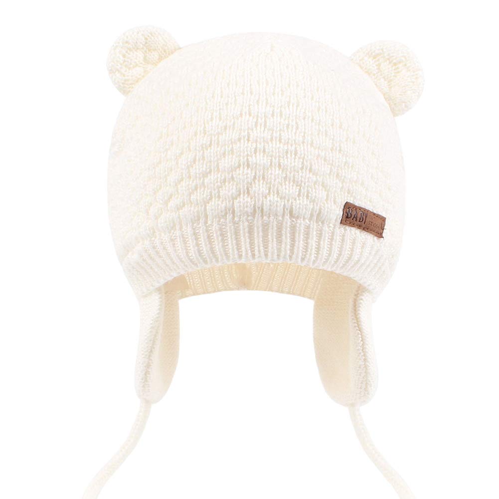 Duoyeree Baby Winter Hat Earflap Cotton Lining Knit Beanie Cap for Toddler Girl Boy (0-6 Month, White)