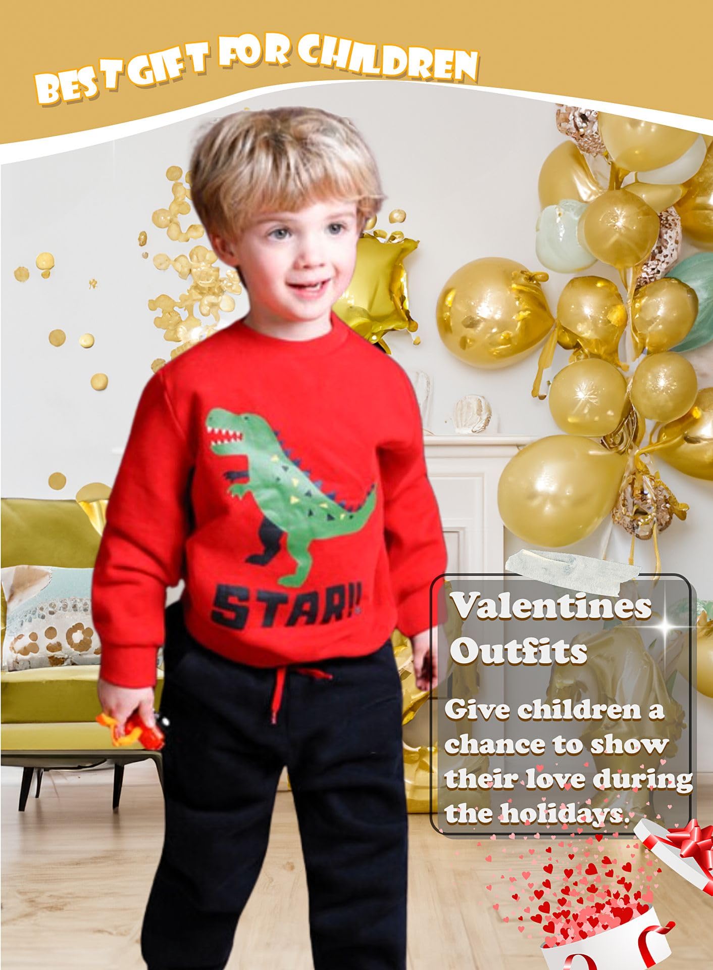 BOMDEALS Cute Valentines Sweatsuit for Toddler Boys - Kids Cartoon Pentacle Dinosaur Printed Long Sleeve Top Pants Outfits(311,Red,100)