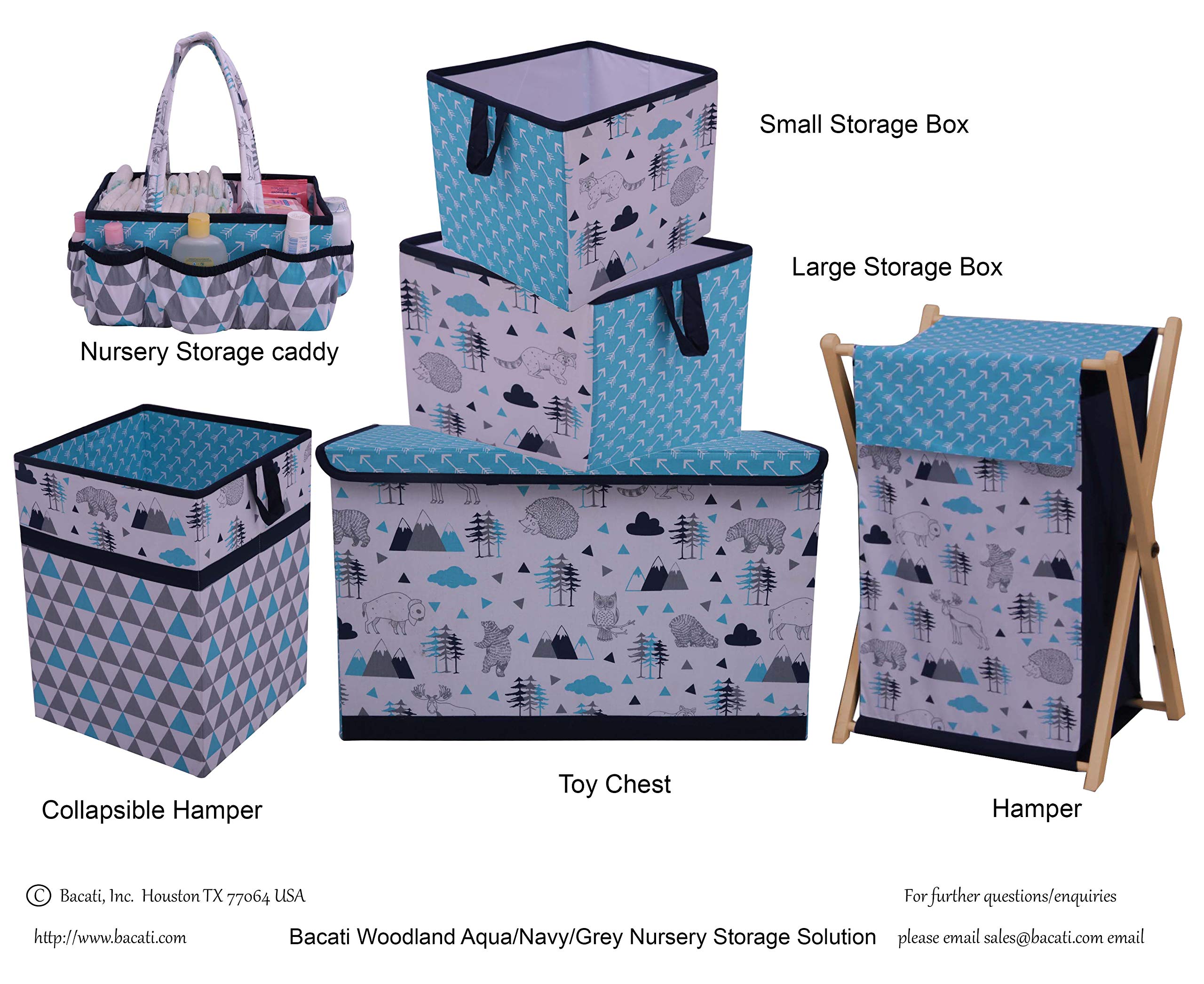 Bacati – Small Storage Tote Woodlands Animals Aqua/Navy/Grey 10X 10 X 10 inches