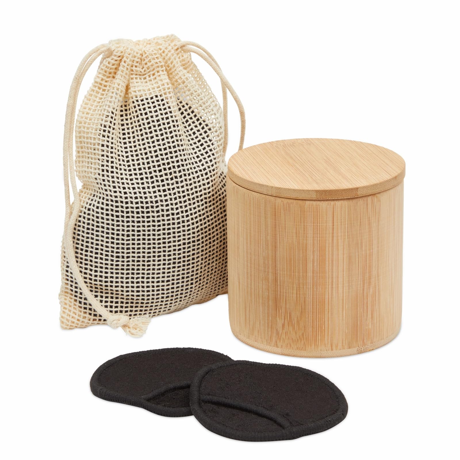 Glamlily 16 Pack Reusable Cotton Rounds for Makeup Removal with Bamboo Holder and Mesh Storage Bag (Black)