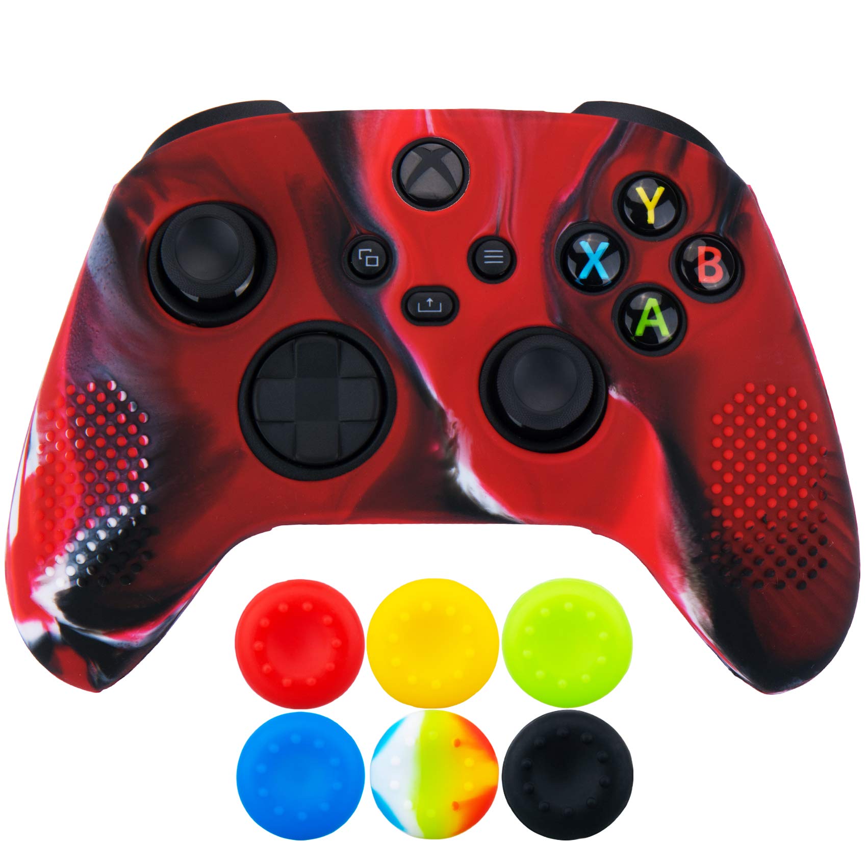 9CDeer 1 Piece of Silicone Protective Cover Skin + 6 Thumb Grips for Xbox Series X/S Controller Camouflage Red