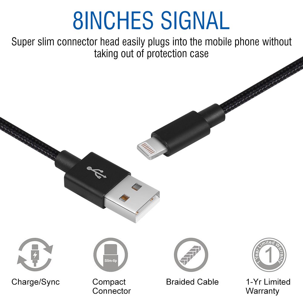 Short USB to Lightning Cable, 5Pack 8 inch Phone Charger Cable Fast Charging Braided Cord High Speed Connector Compatible with iPhone 14 13 12Pro Max/12Pro/12/11 Pro/11/XS MAX/XR/8/7/6s/6(Black)