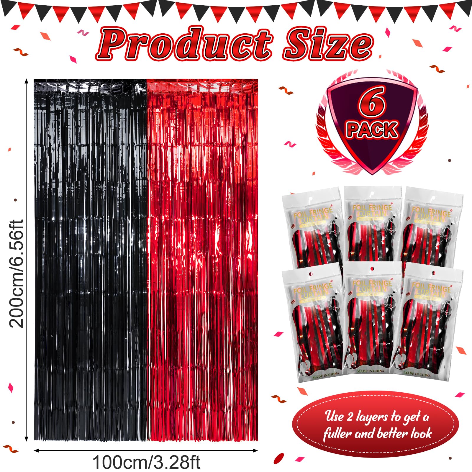 6 Pack 3.3Ft x 6.6Ft Graduation Foil Fringe Curtain Backdrop Decorations, Red Black Metallic Tinsel Foil Streamers Curtain Photo Booth Background for Graduation Prom Wedding Birthday Party Decorations