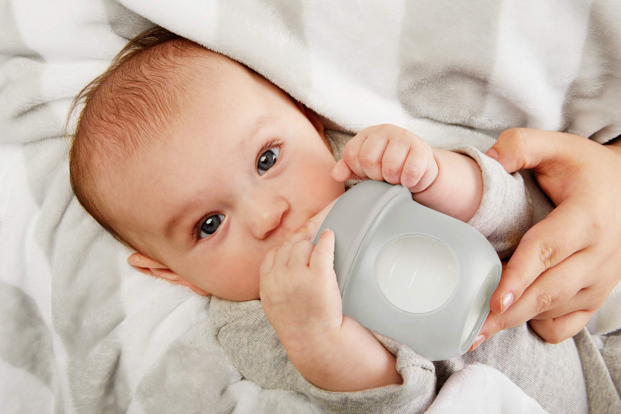 Boon Nursh Reusable Silicone Baby Bottle with Collapsible Silicone Pouch Design - Everyday Baby Essentials - Stage 1 Slow Flow Baby Bottles - Gray - 4 Oz