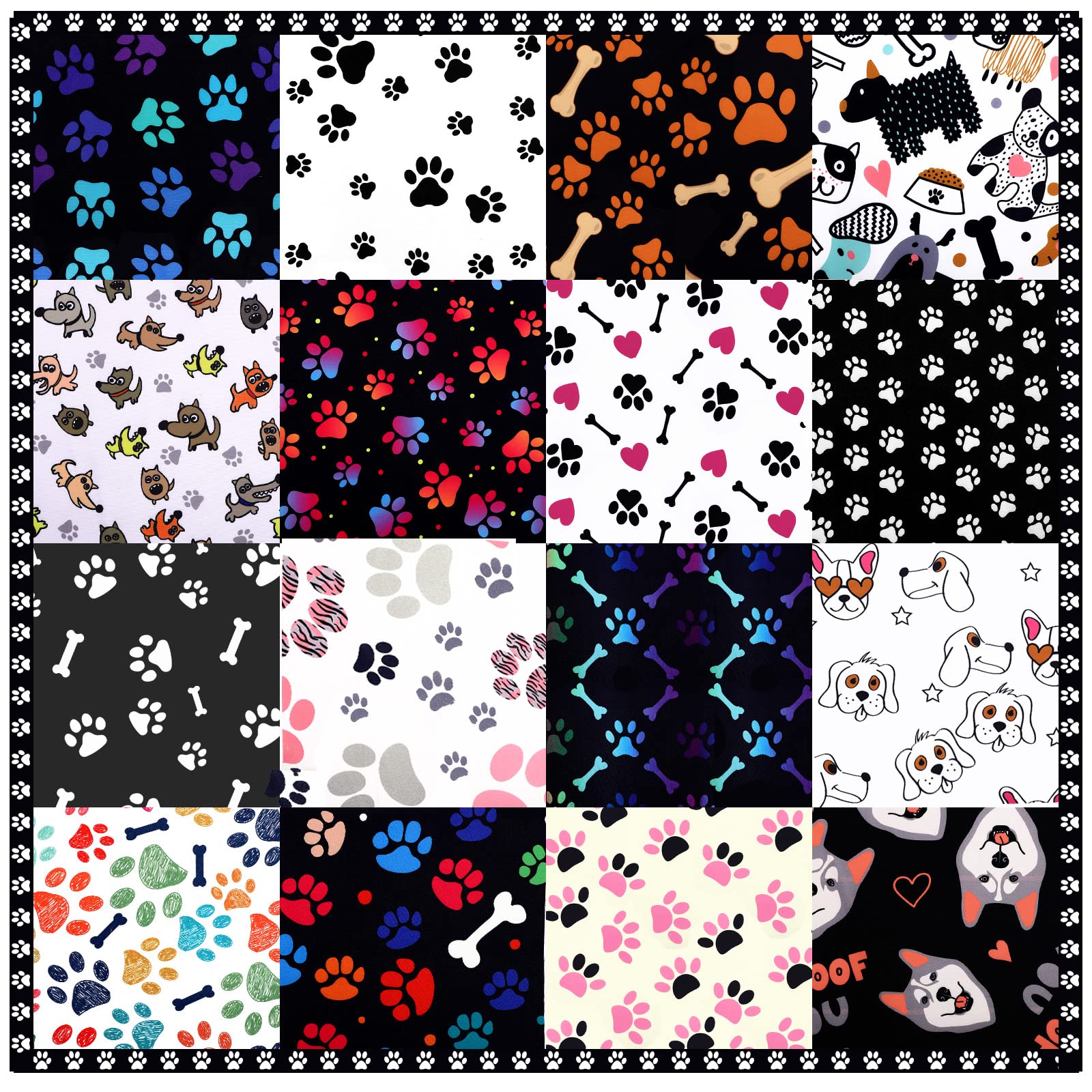 16 Pieces Dog Bone Paws Fabric Paw Print Fabric Retro Fabrics Sewing Fabric Animal Themed Pattern Decorative Fabric Animal Themed Pattern Bone Printed Fabric for DIY Crafts Supplies, 10 x 10 Inch