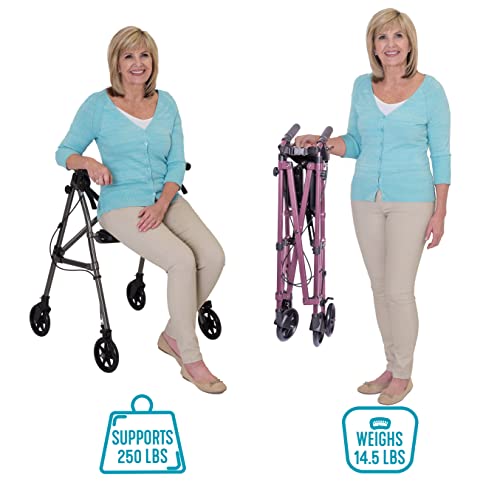 Able Life Space Saver Rollator, Lightweight Folding Mobility Rolling Walker for Seniors and Adults, 6-inch Wheels, Locking Brakes, and Padded Seat with Backrest, Black Walnut