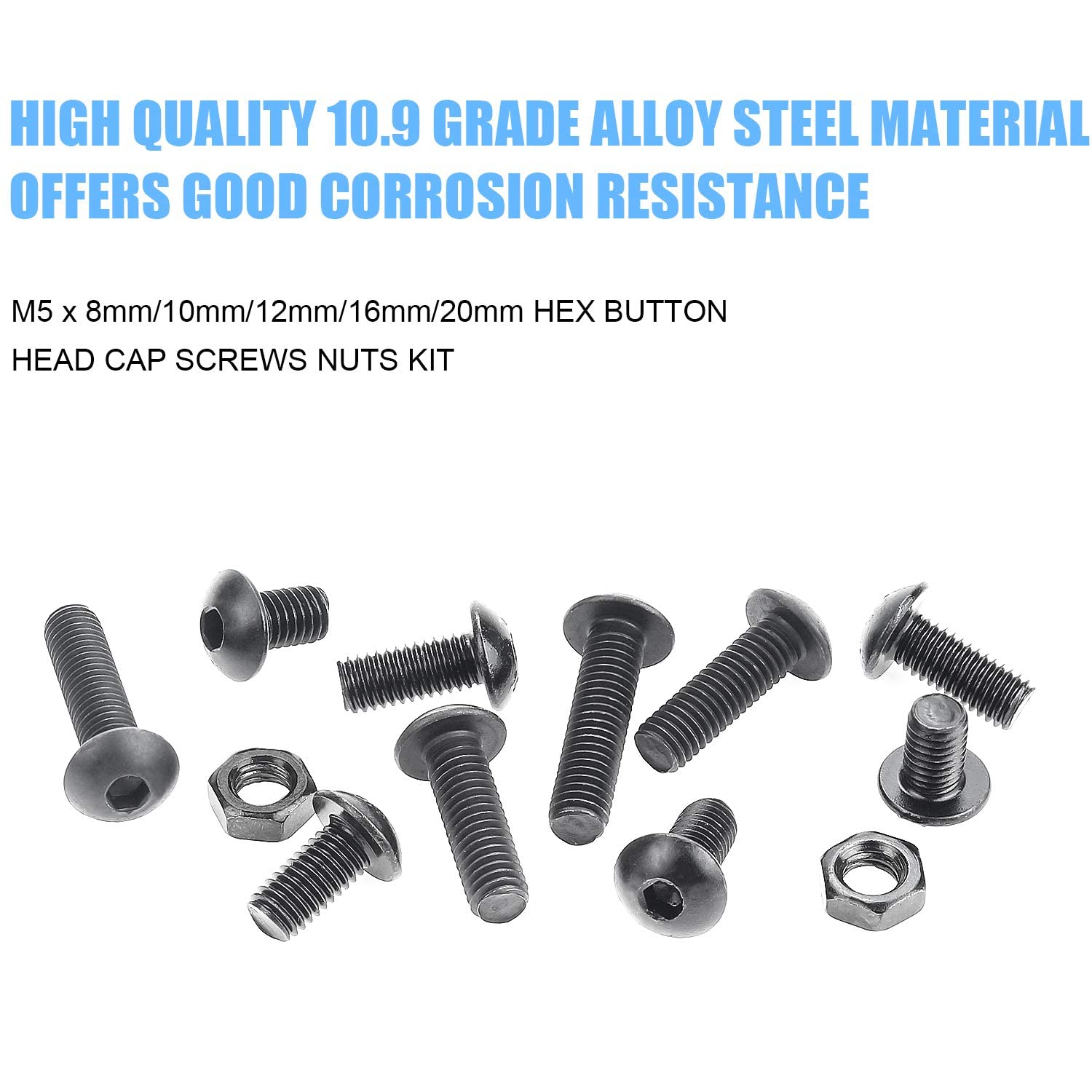 DYWISHKEY 150 Pieces M5 x 8mm/10mm/12mm/16mm/20mm, 10.9 Grade Alloy Steel Hex Button Head Cap Bolts Nuts Kit with Hex Wrench