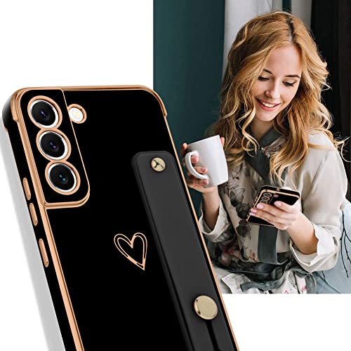 AIGOMARA Compatible with Samsung Galaxy S22 Plus Case with Finger Strap Luxury Cute Heart Plating Phone Case Full Body Protective Kickstand Cover for Galaxy S22 Plus 5G 2022 Women Girly - Black