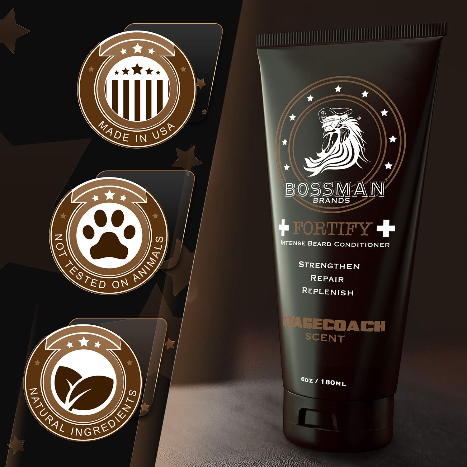 Bossman Fortify Intense Conditioner - Moisturize Replenish and Protect your beard - Thicker Formula - Natural Ingredients - Made in USA (Stagecoach Scent)