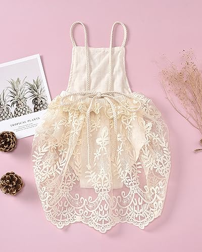 Easisim Newborn Infant Baby Girl Clothes Lace Embroidery Halter Backless Romper Jumpsuit Bodysuit Outfits (Beige,12-18 Months)