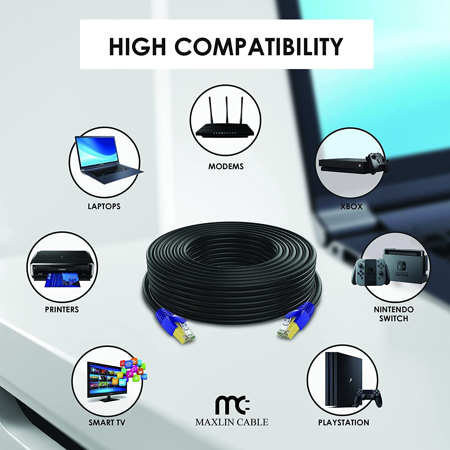 MAXLIN CABLE Cat 7 Ethernet Cable, 100 ft RJ45 600 MHz, Heavy Duty Indoor Outdoor Gaming LAN Cable, Shielded Copper Waterproof Direct Burial Zero Lag Network Patch, Compatible with Modem, Router, PS3