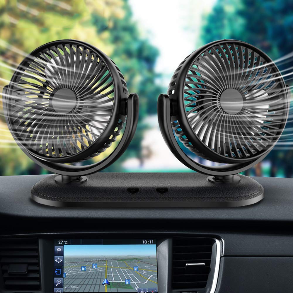 2020 Adjustable Portable Dual Head Leather Car Fan, 3 Speeds, Strong Wind, Rotatable Cooling Fan for SUV, RV, Boat, Vehicles Glasses, Dashboard, Wall Mounted USB Car Fan