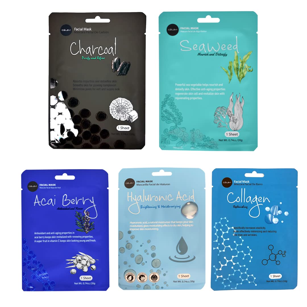Celavi Essence Facial Sheet Face Mask Variety Set (17-Packs) Classic Korean Skincare