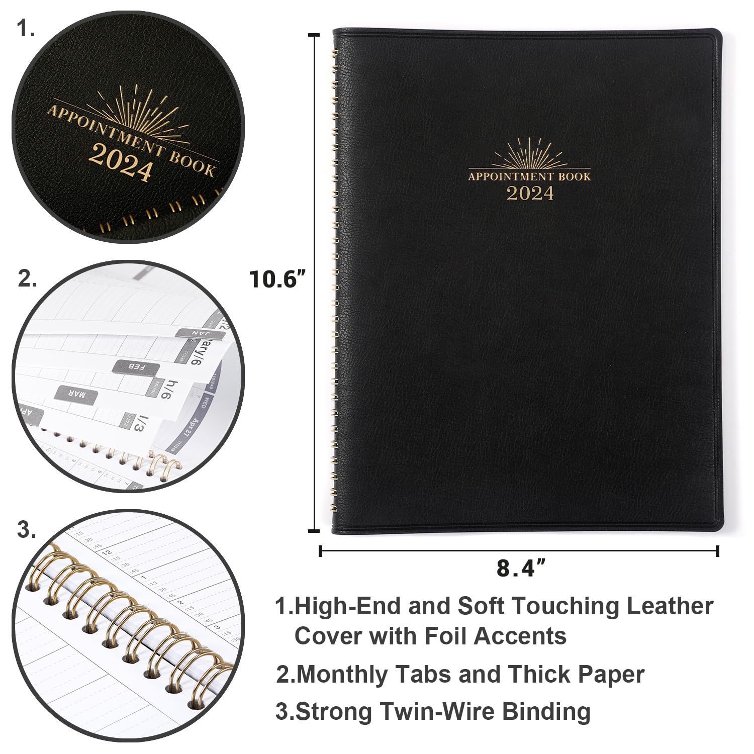 2024 Appointment Book/Planner - Weekly Appointment Book/Planner 2024, Jan 2024 - Dec 2024, 8"x 10", 2024 Daily/Hourly Planner with Tabs, 15-Minute Interval, Flexible Soft Cover - Black