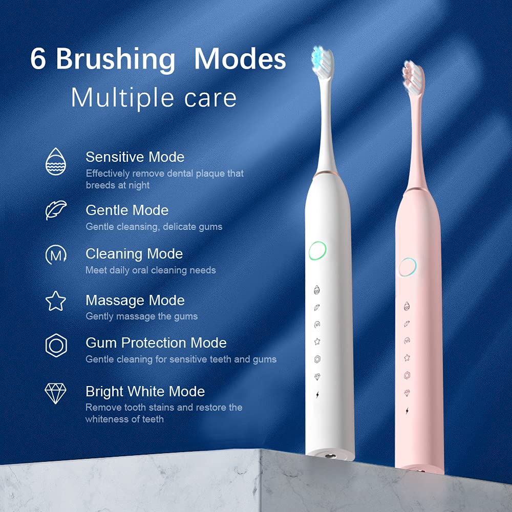 2 Pack Rechargeable Electric Toothbrushes for Adults and Kids, Sonic Whitening Tooth Brush with 8 Brush Heads, 6 Cleaning Modes and Smart Timer, Waterproof Cleaning Toothbrushes Set(pink&white)