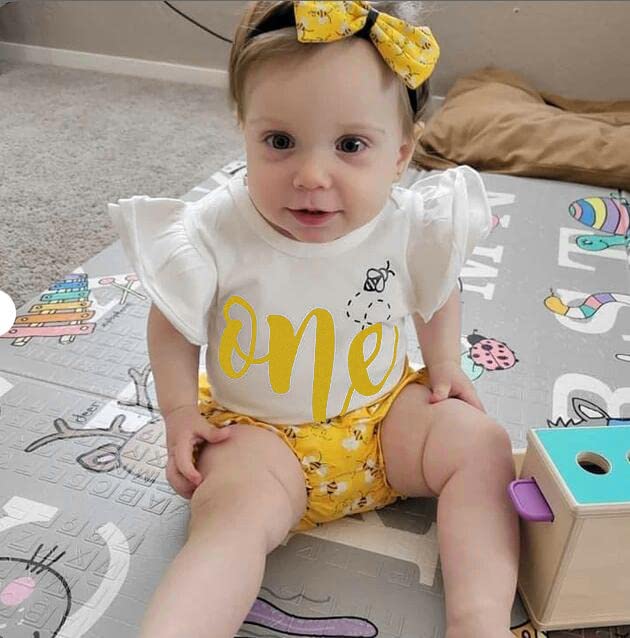 GRNSHTS Baby Girl One Birthday Outfits Honey Bee Ruffle Sleeve Romper+Bumble Bee Shorts+Headband 3Pcs Summer Clothes 12-18 Months