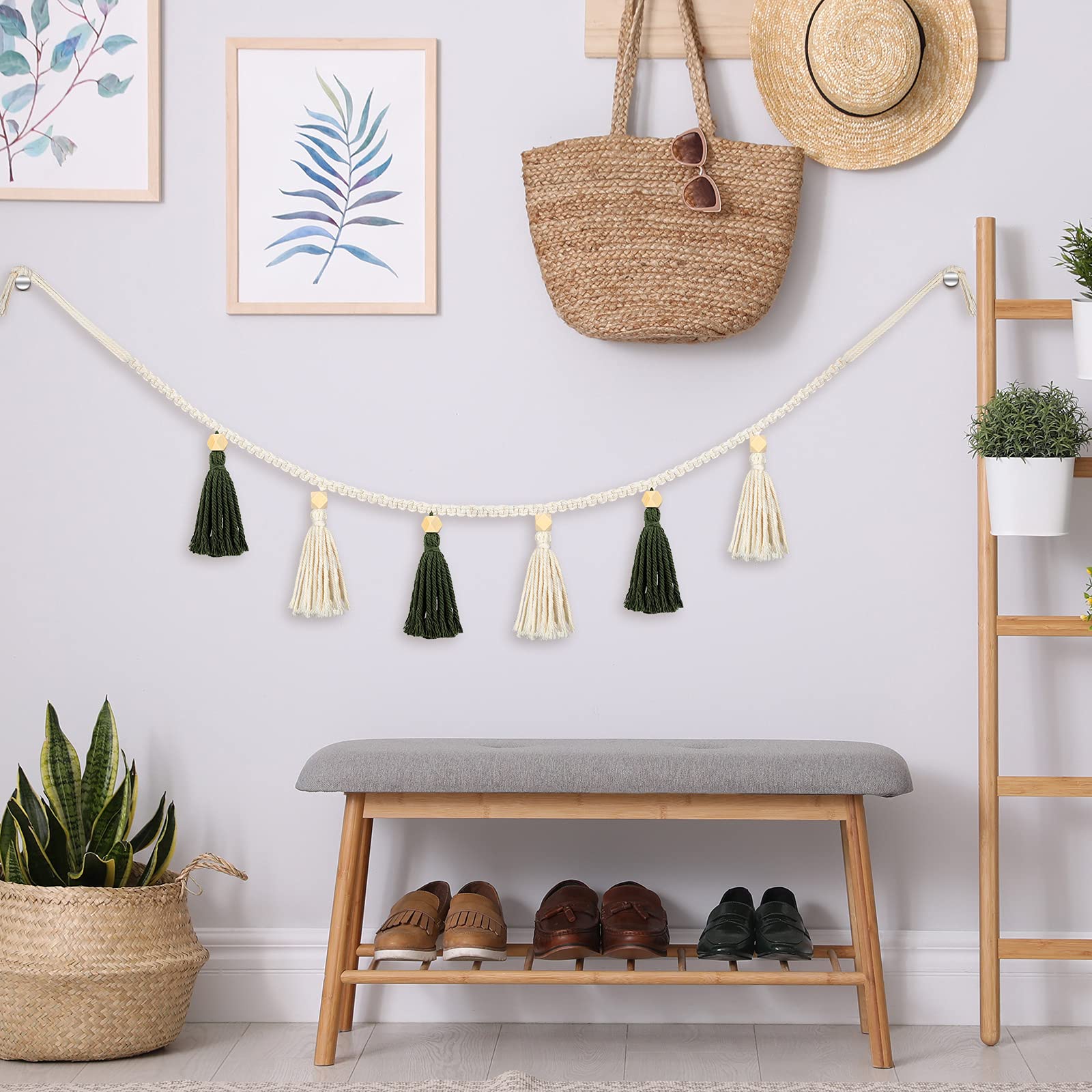4 Pieces Macrame Woven Tassel Garland Decorative Tassels Banner Woven Tassel Hanging Garland Boho Tassel Wall Garland for Home Nursery Garden Classroom Decoration, 37.4 Inch