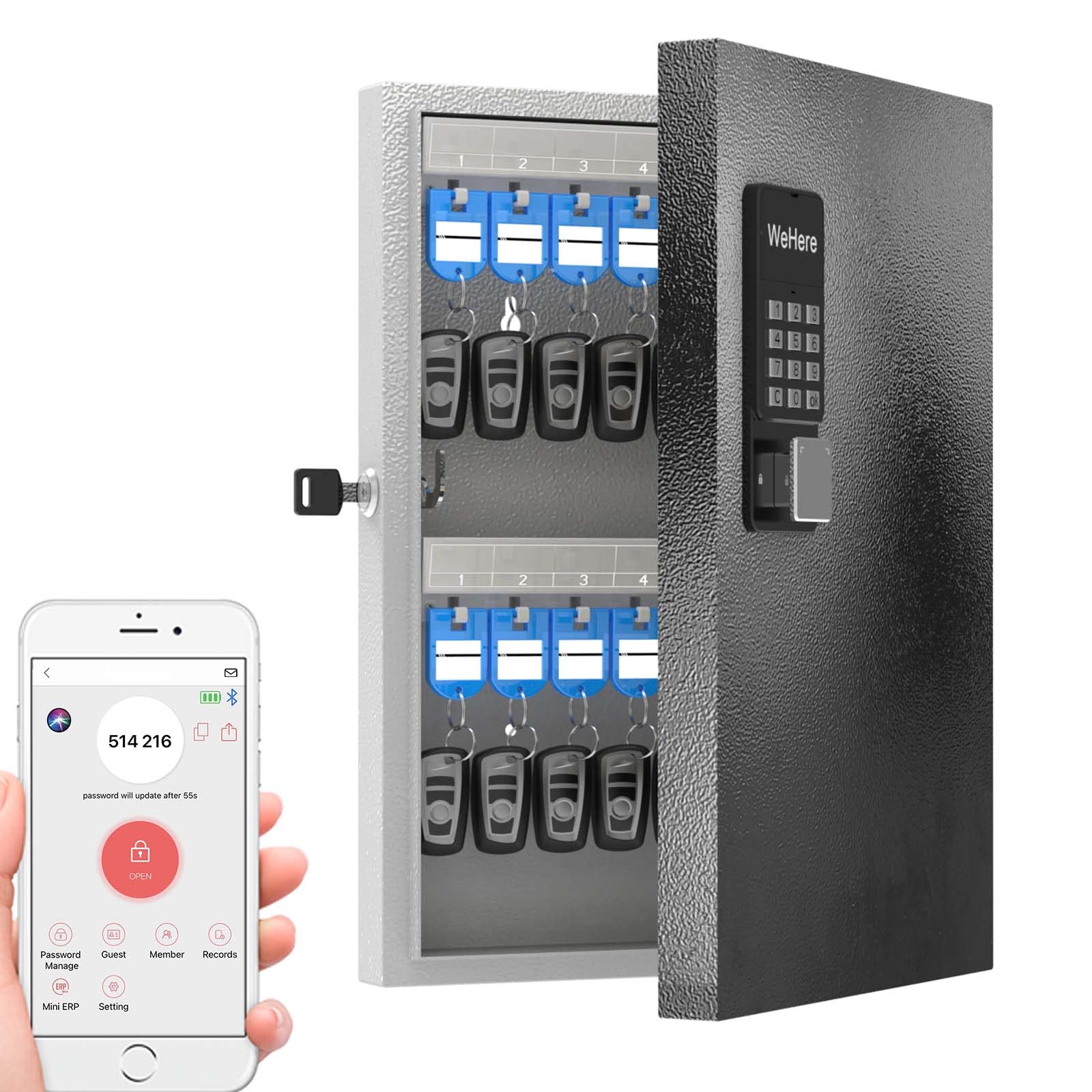 32 Key Cabinet Organizer,Metal Key Lock Box Wall Mount use OTP Technology Unlock,Fixed Password/Bluetooth Unlock, App Remotely Generates Pin Codes Without Internet,Great for Key Hook & Storage