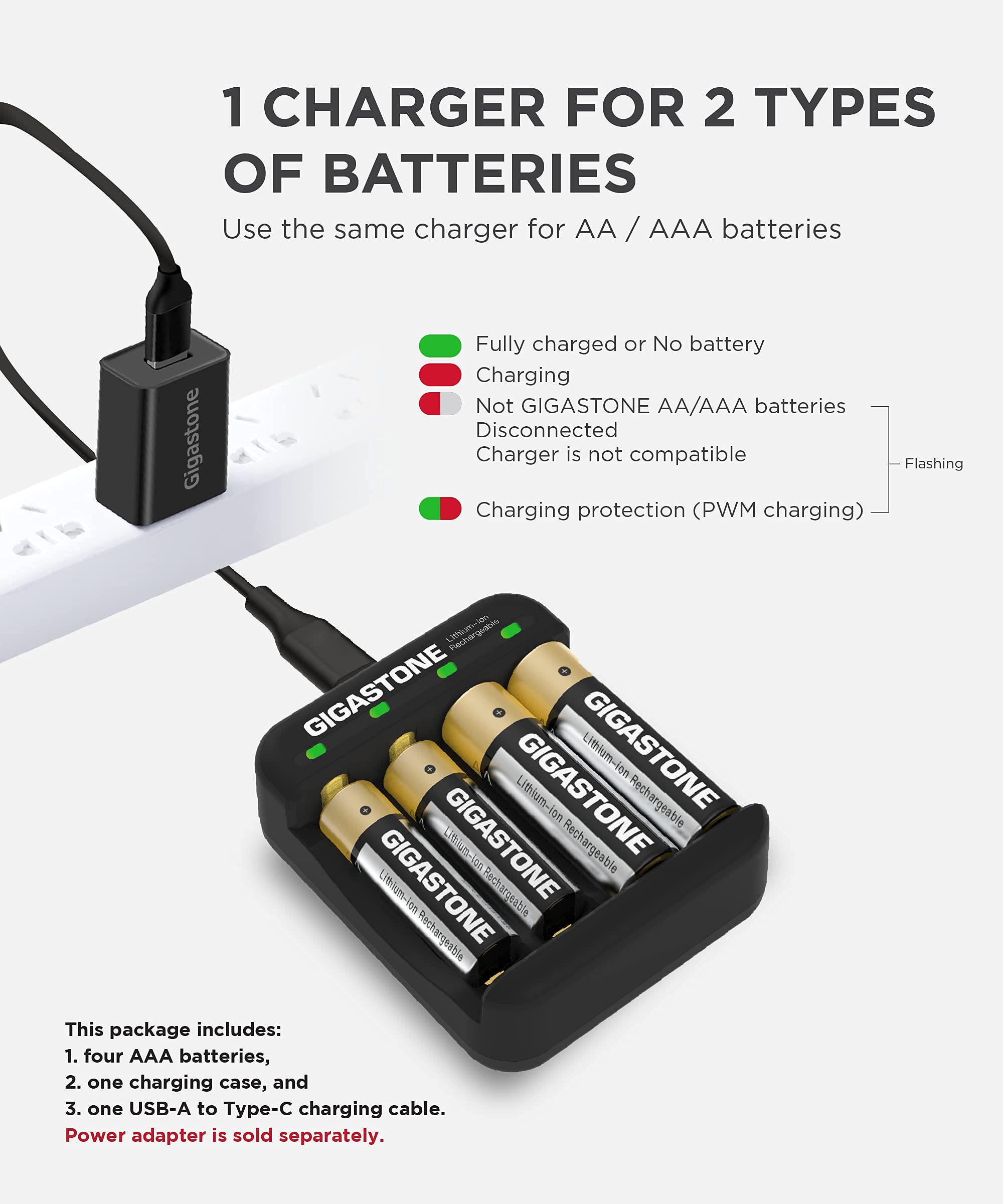 Gigastone Rechargeable Lithium AA Batteries, 1.5V Constant Voltage, 3000mWh High Endurance 1000x Cycles, Built-in Safety Protection, 4-Pack AA Batteries + 8-Bay Fast Charging AA AAA Battery Charger