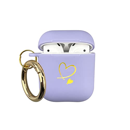 AIIEKZ Compatible with AirPods Case Cute Soft TPU with Gold Heart Pattern with Keychain Shockproof Cover Case for Girls Woman Airpods 1 &2 (Light Purple)