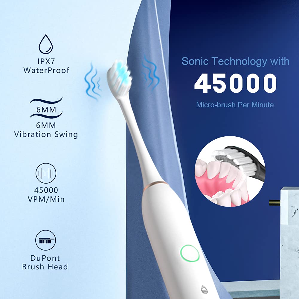 2 Pack Rechargeable Electric Toothbrushes for Adults and Kids, Sonic Whitening Tooth Brush with 8 Brush Heads, 6 Cleaning Modes and Smart Timer, Waterproof Cleaning Toothbrushes Set(black&white)