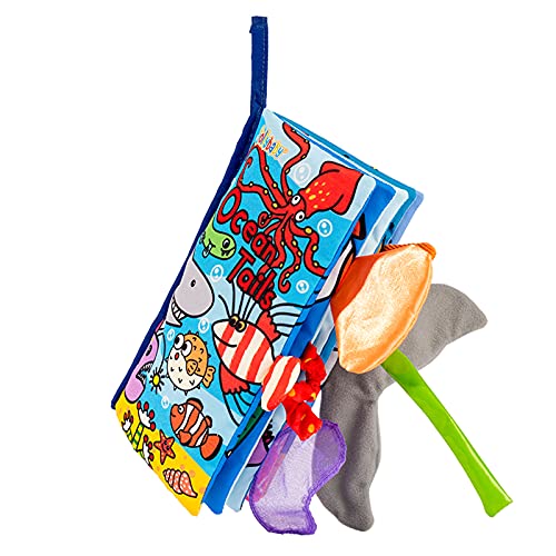 HECCEI Baby Cloth Books, Soft Toys Cloth Books, Touch and Feel Crinkle Books, Early Development Baby Stroller/Crib Hanging (Ocean Tails Cloth Book)
