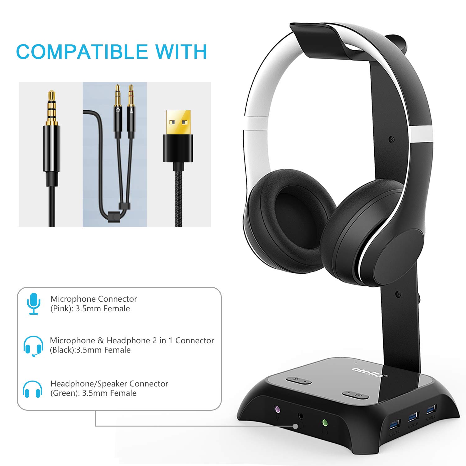 atolla USB Hub, USB 3.0 Hub with Headphone Stand, Powered USB Hub with 3 USB 3.0 Ports and 3 USB Charging Ports, 3.5mm AUX Ports with On/Off Switches, and 12V/2.5A Power Adapter