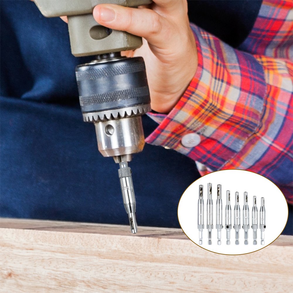 AFUNTA 8 pcs Center Drill Bit Set,Self Centering Hinge Tapper Core Hole Puncher Woodworking Tools for Cabinet Door 5/64'' 7/64'' 9/64'' 11/64'' 13/64'' 5mm 1/4'' with 1 pcs Hex key
