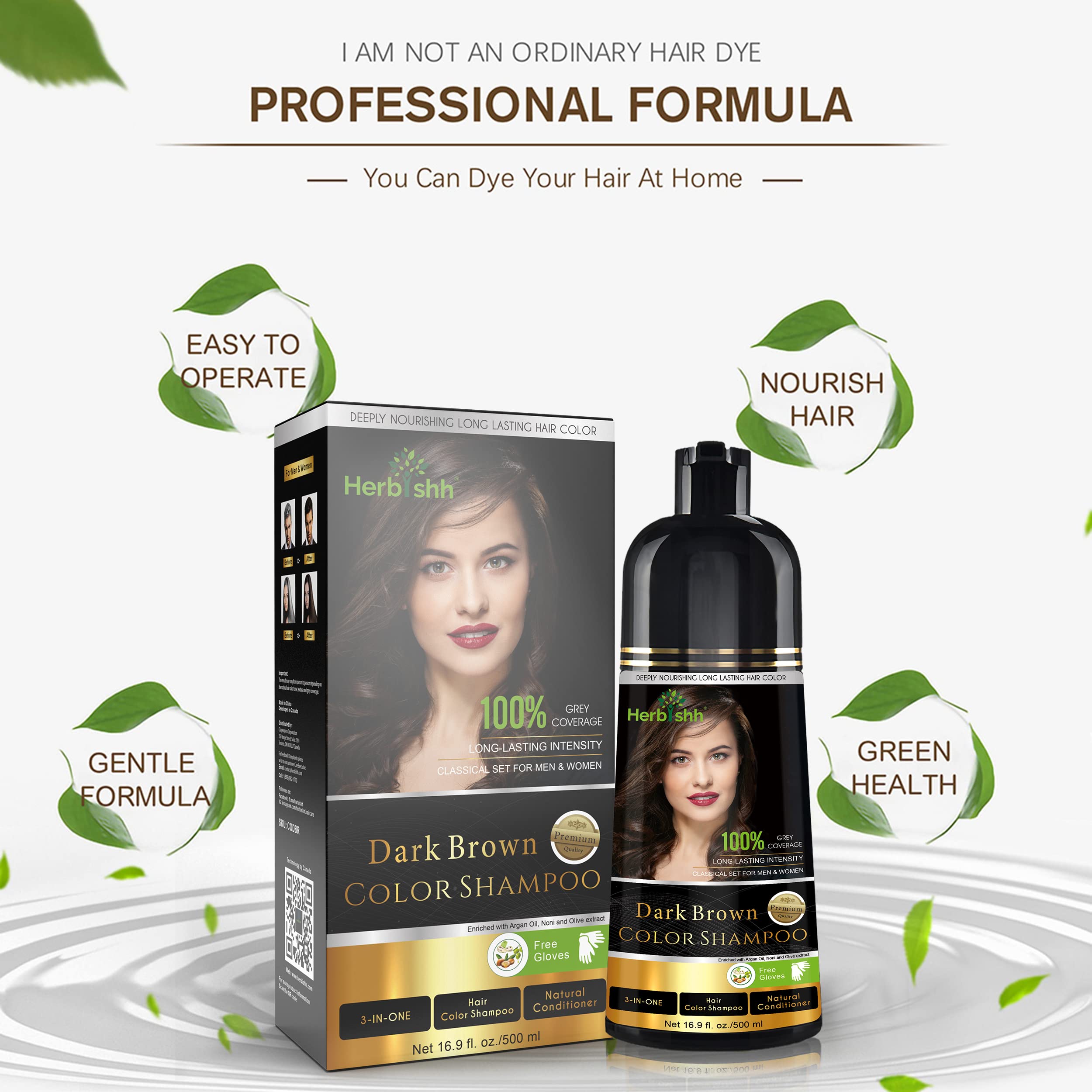 Herbishh Hair Color Shampoo - Magic Dye for Gray Hair, Lasting Color in Minutes - 500 Ml, 3-In-1, Ammonia-Free (Dark Brown)
