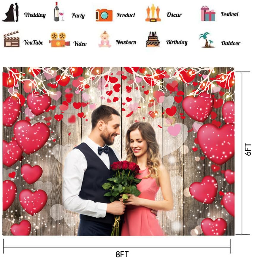 CHAIYA 8x6ft Mother's Day Backdrop Rustic Wood Red Love Heart Backdrop Mother's Day Backdrops for Photography Bridal Baby Shower Decoration Banner