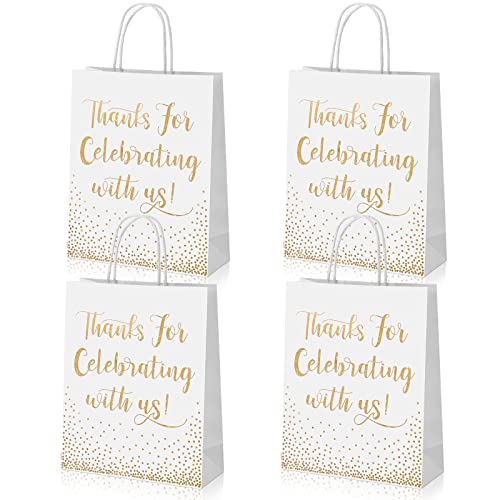 45 Pcs Wedding Welcome Bags for Hotel Guests Gold Foil Wedding Gift Bags with Handles Thanks for Celebrating with Us Paper Bags Medium Size Wedding Bags Bridal Gift Bags Baby Shower Favor(White)