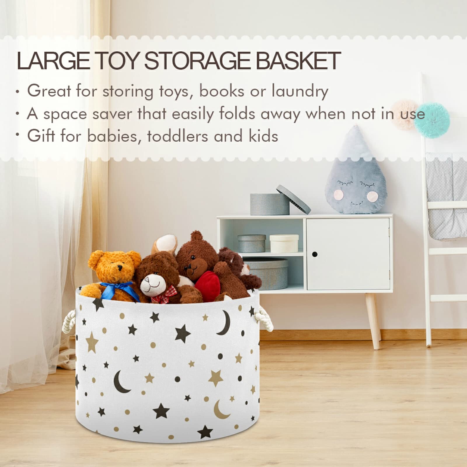ALAZA Stars Moon Polka Dot Storage Basket Gift Baskets Large Collapsible Laundry Hamper with Handle, 20x20x14 in, Multi (B06D20005)