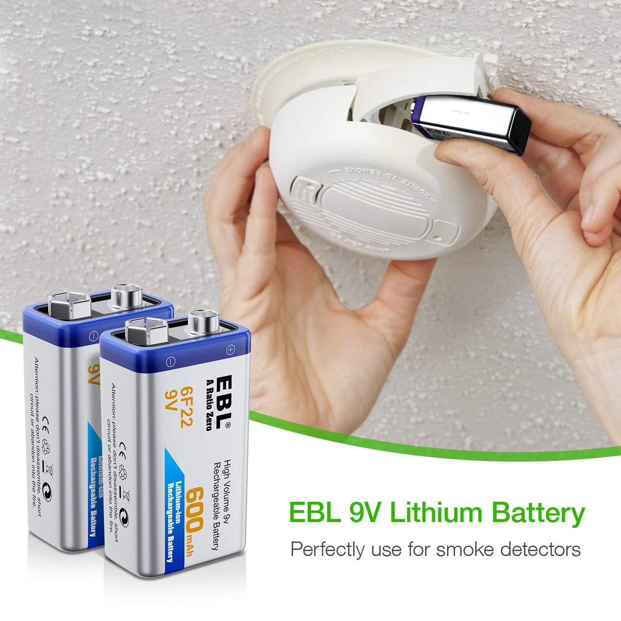 EBL 9V Rechargeable Batteries 9 Volt Lithium ion 600mAh Li-ion Batteries (4-Packs)