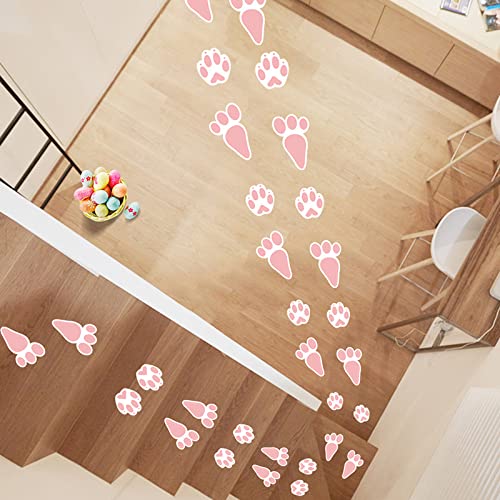 4 Sheet 56 Pieces Easter Stickers Bunny Paw Prints Carrots Rabbit Footprints Stickers Cute Festive Decals Decorations for Easter Floor Decoration and Egg Hunting Games