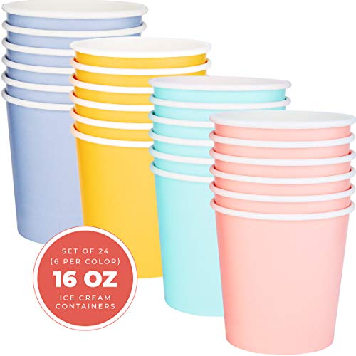 Glowcoast Ice Cream Containers With Lids - 16 oz Pint Disposable Ice Cream Storage Container for Homemade Icecream. Freezer-Safe Paper Tub with Lid For Frozen Desserts Yoghurt (Assorted, 24)