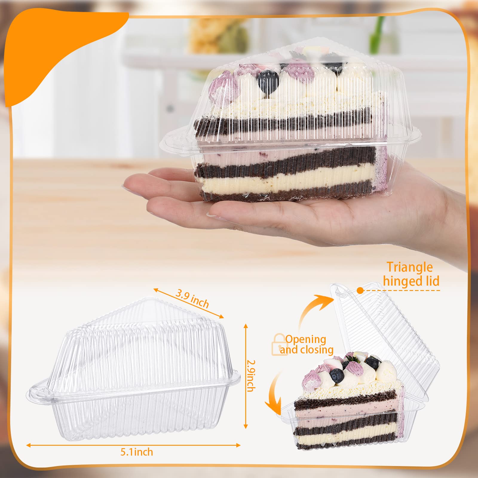 200 Pcs Clear Cake Slice Container with Lids Single 5'' Clear Medium Hinged Lid Pie Slice Container Disposable Box Food Containers for 7''- 9'' Diameter Pie Cheesecake Packaging Home Bakery