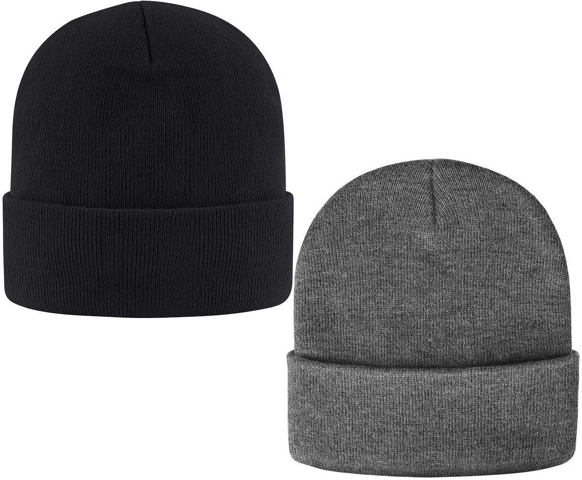2-Pack Men's Standard Daily Beanie Hat Classic Cuffed Plain Skull Knit Winter Cap for Men & Women Warm Snug Slouchy Soft Headwear Unisex (Black&Dark Grey 2pcs)