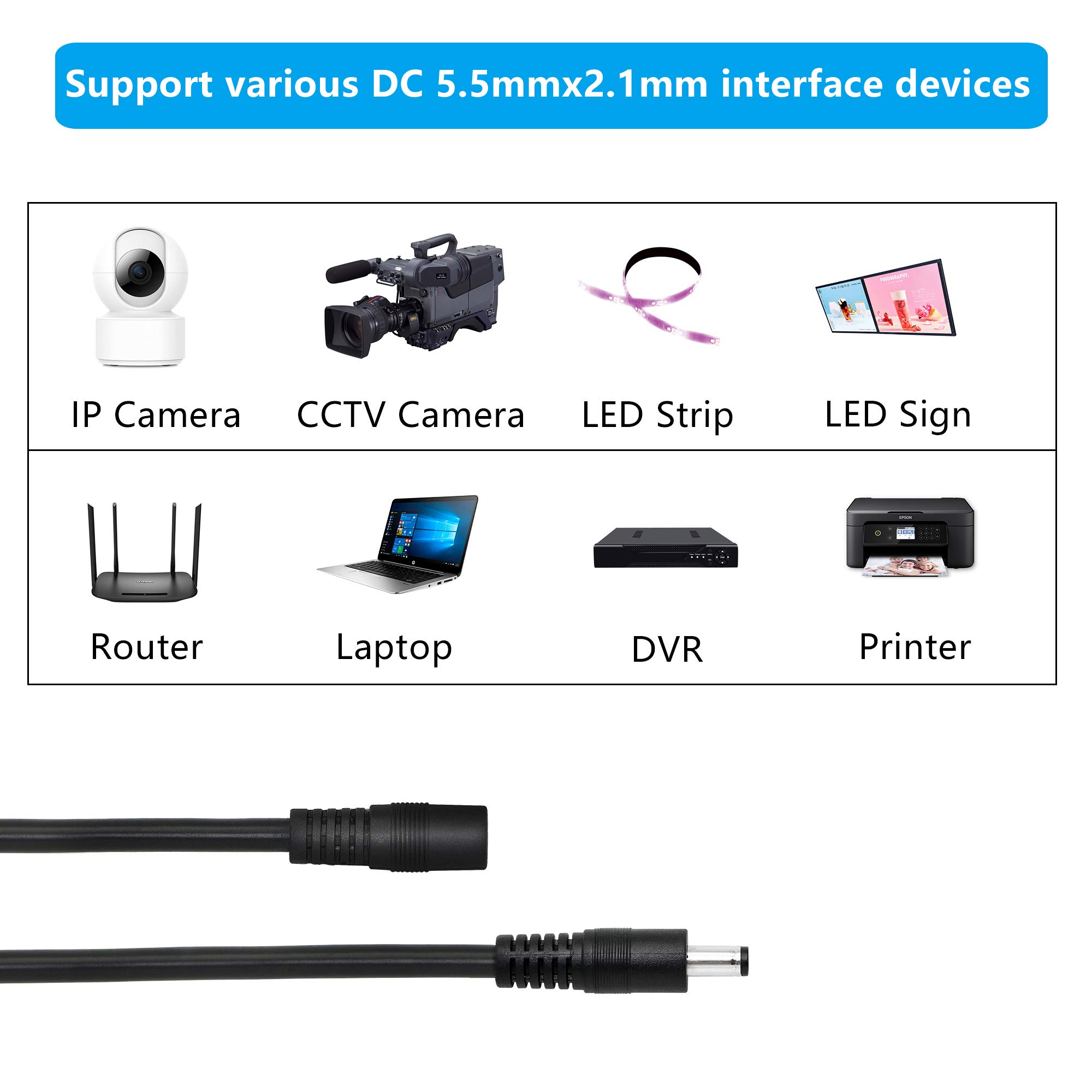 GINTOOYUN DC Power Extension Cable,DC 5.5mm x 2.1mm Male to Female Power Adapter Cable,3FT 18AWG Heavy Duty Cord for 12V CCTV Wireless IP Camera,LED,Car,More.-2PCS