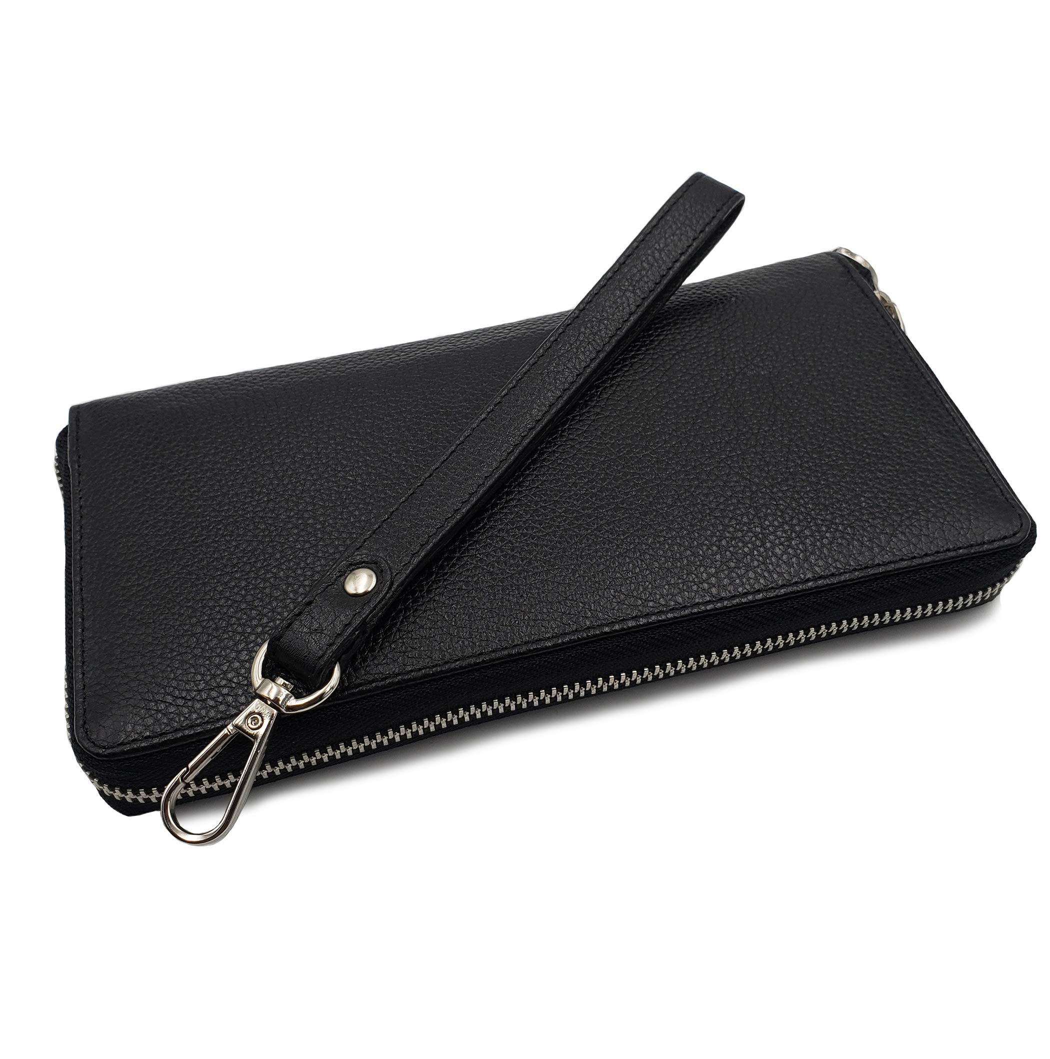 AG Wallets Women's Genuine Leather Large Capacity Wristlet with RFID Protection (Black)