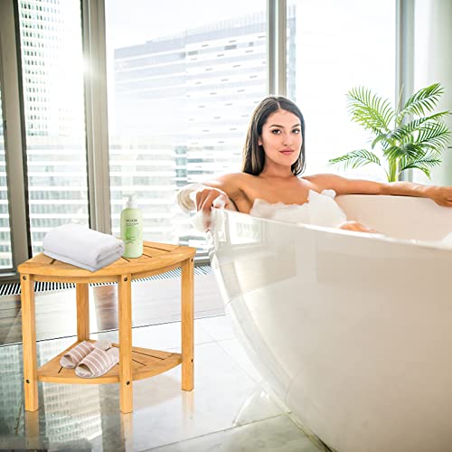 16" Bamboo Corner Shower Bench with Shelf, Corner Shower Stool for Shaving Legs, Shower Foot Rest Stool, Waterproof Wood Storage & Seat for Bathroom, Shower, Spa, Sauna, Shower Stool for Inside Shower
