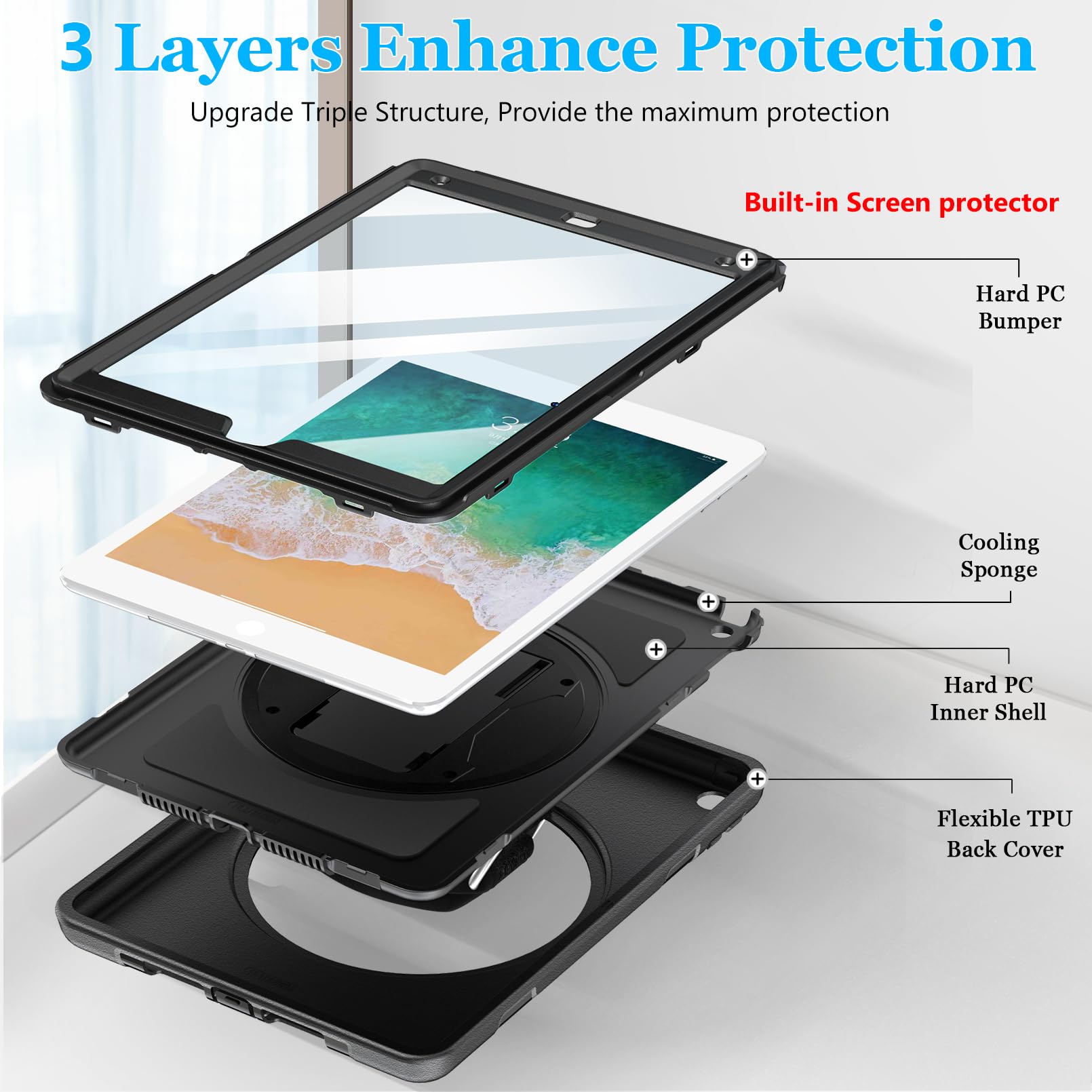 Case for iPad 6th/5th Generation: Protective TPU Cover for iPad 9.7 (2018/2017) & iPad Air 2 9.7" with Screen Protector- Stand- Handle- Shoulder Strap-Pencil Holder- Black