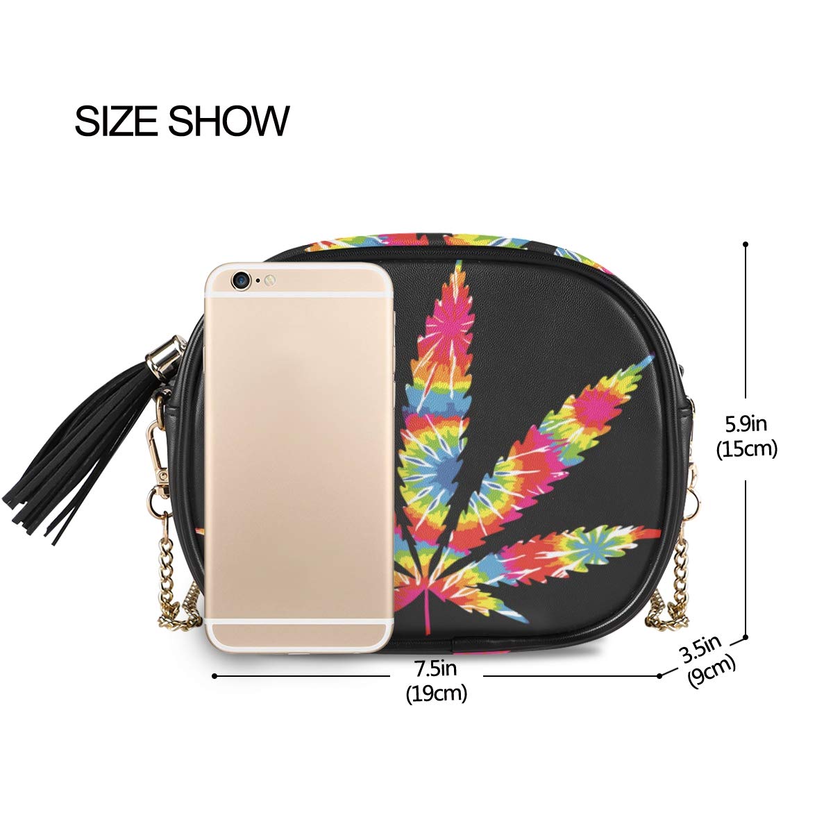 ALAZA Women's Tie Dyed Pot Leaf Cross Body Bag Chain Shoulder Handbag Purse with Tassel