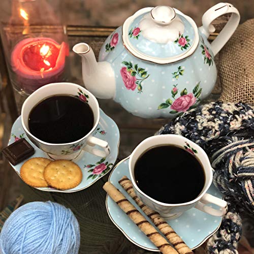 BTaT- Floral Tea Set, Tea cups (8oz), Tea Pot (38oz), Creamer and Sugar Set, Gift box, China Tea Set, Tea Sets for Women, Tea Cups and Saucer Set, Tea Set for Adults, 4 Tea Cups Set