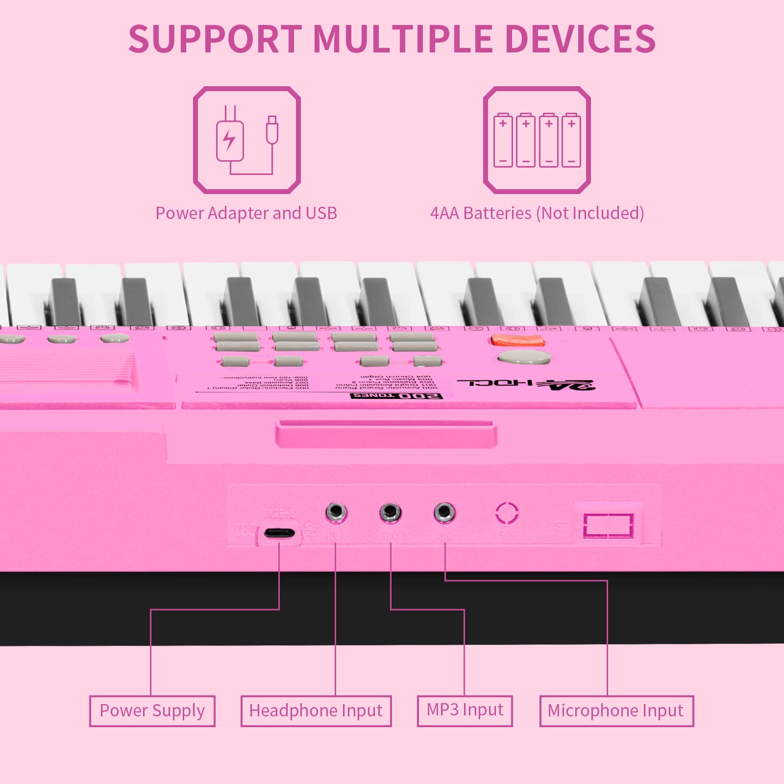 24HOCL 61 Key Premium Electric Keyboard Piano for Beginners with Stand, Built-in Dual Speakers, Microphone, Headphone, Stand & Display Panel (Pink)
