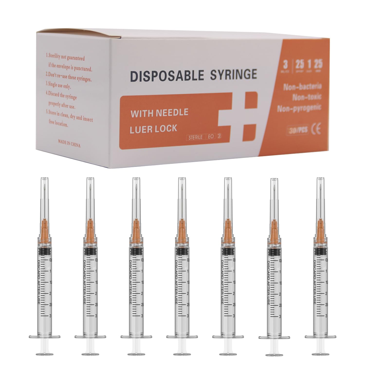 30 Pack 3ml Disposable Syringes with Needle 25Ga 1.0 inch Needle ,Luer Lock Industrial Dispensing Accessories,Individually Wrapped