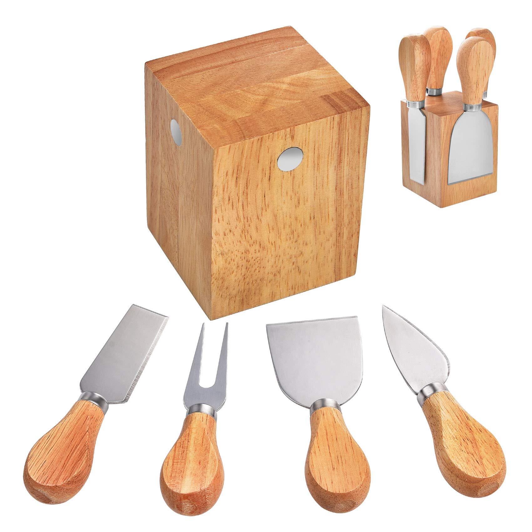 Cheese Knife Set with Holder Stand,Set of 4 Pieces Cheese Cutter Knives Set for Charcuterie Board,Stainless Steel Cheese Spreader,Slicer,Shaver,Fork with with Wood Handle & Magnetic Knife Block